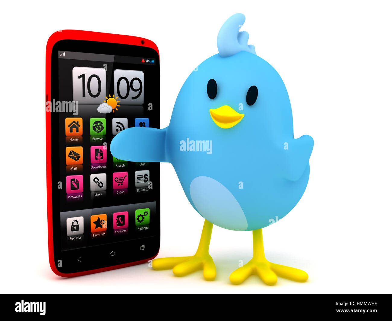 Little bird with smartphone on white - 3D render Stock Photo - Alamy