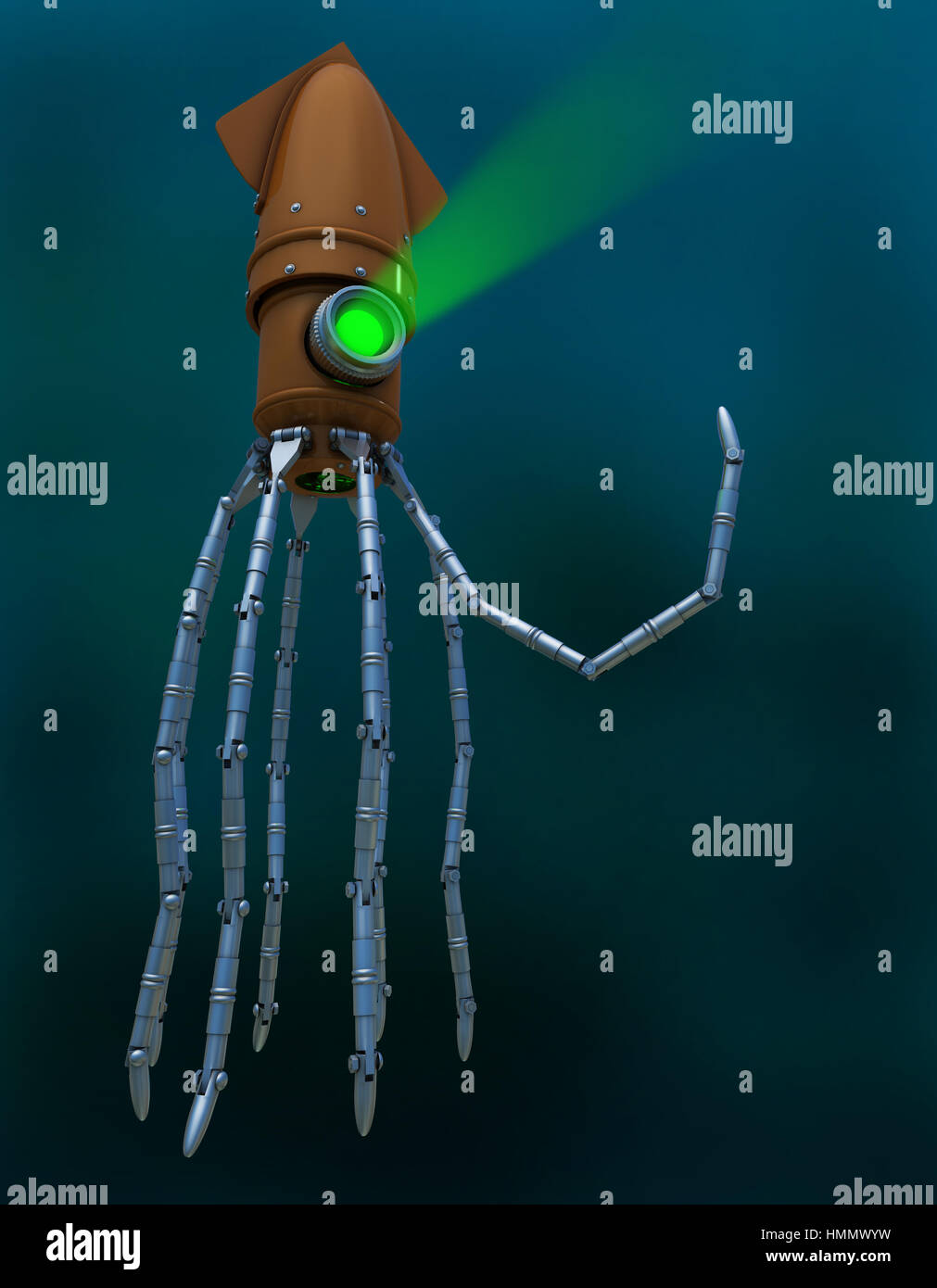 Steampunk Mechanical Squid Underwater with Glowing Lens Stock Photo - Alamy
