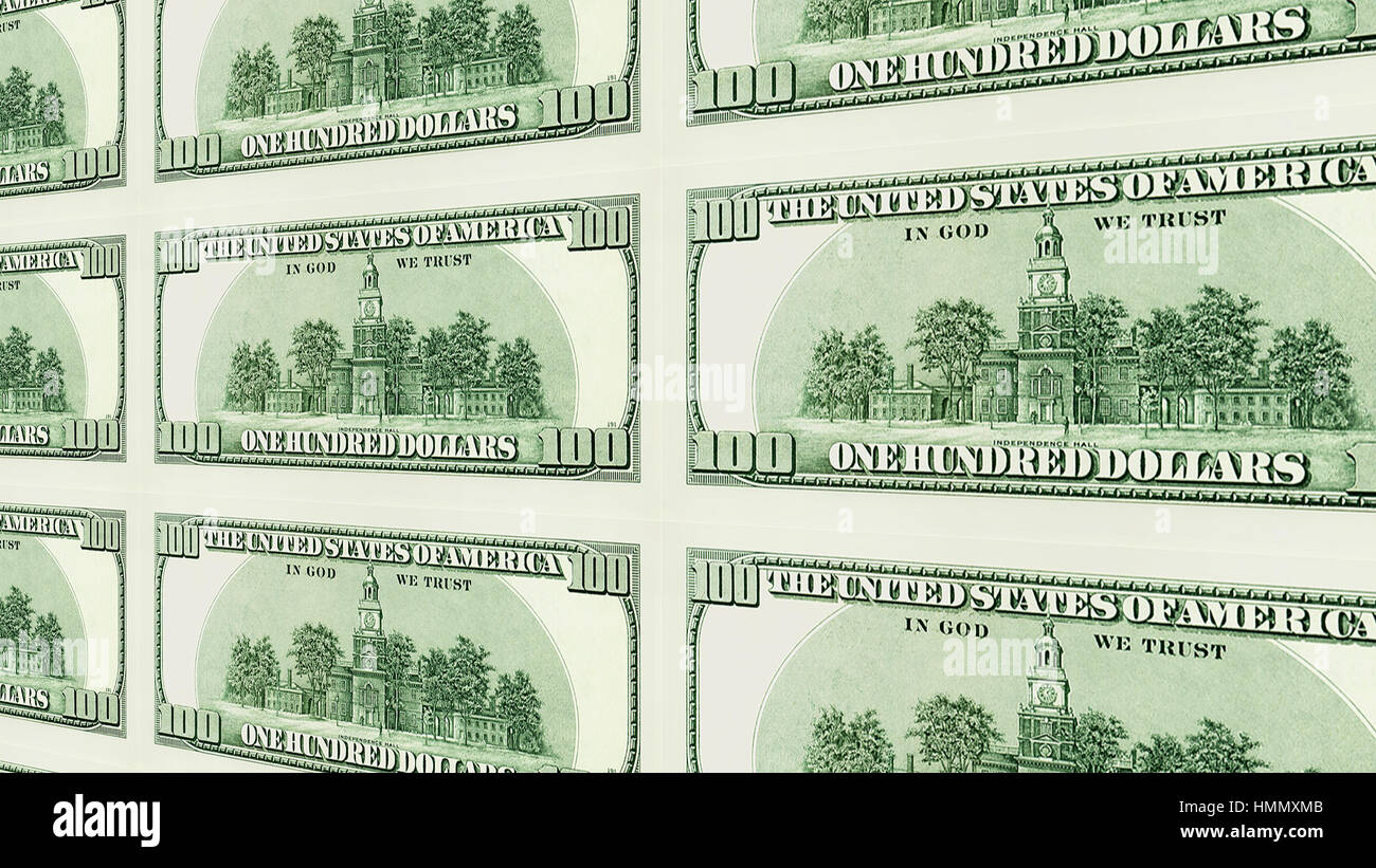 Reverse side of 100 dollar bills 3d perspective Stock Photo - Alamy