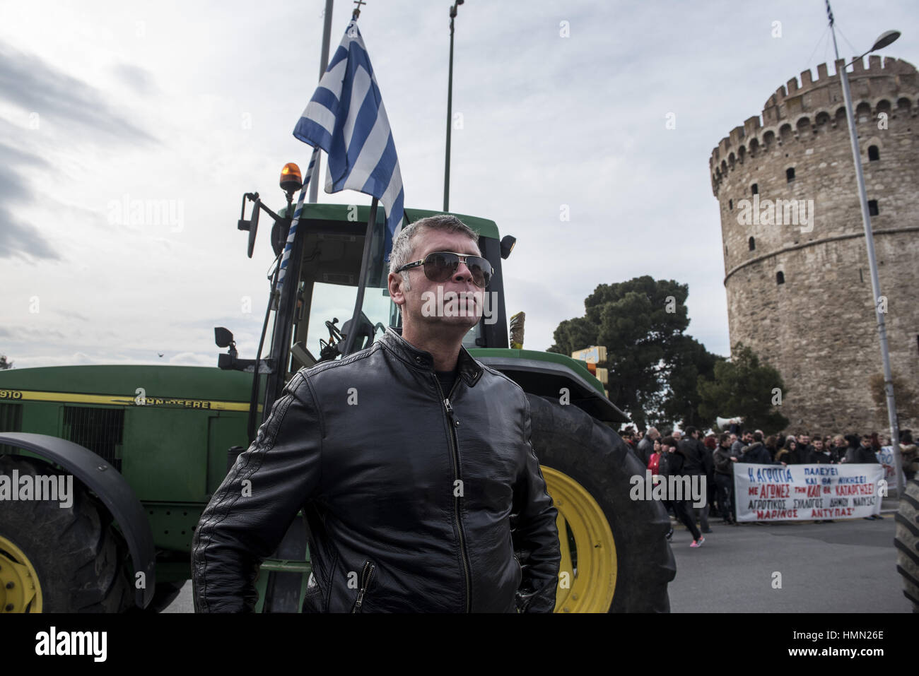 Thessaloniki, Greece. 4th Feb, 2017. A farmer stands in front of his ...