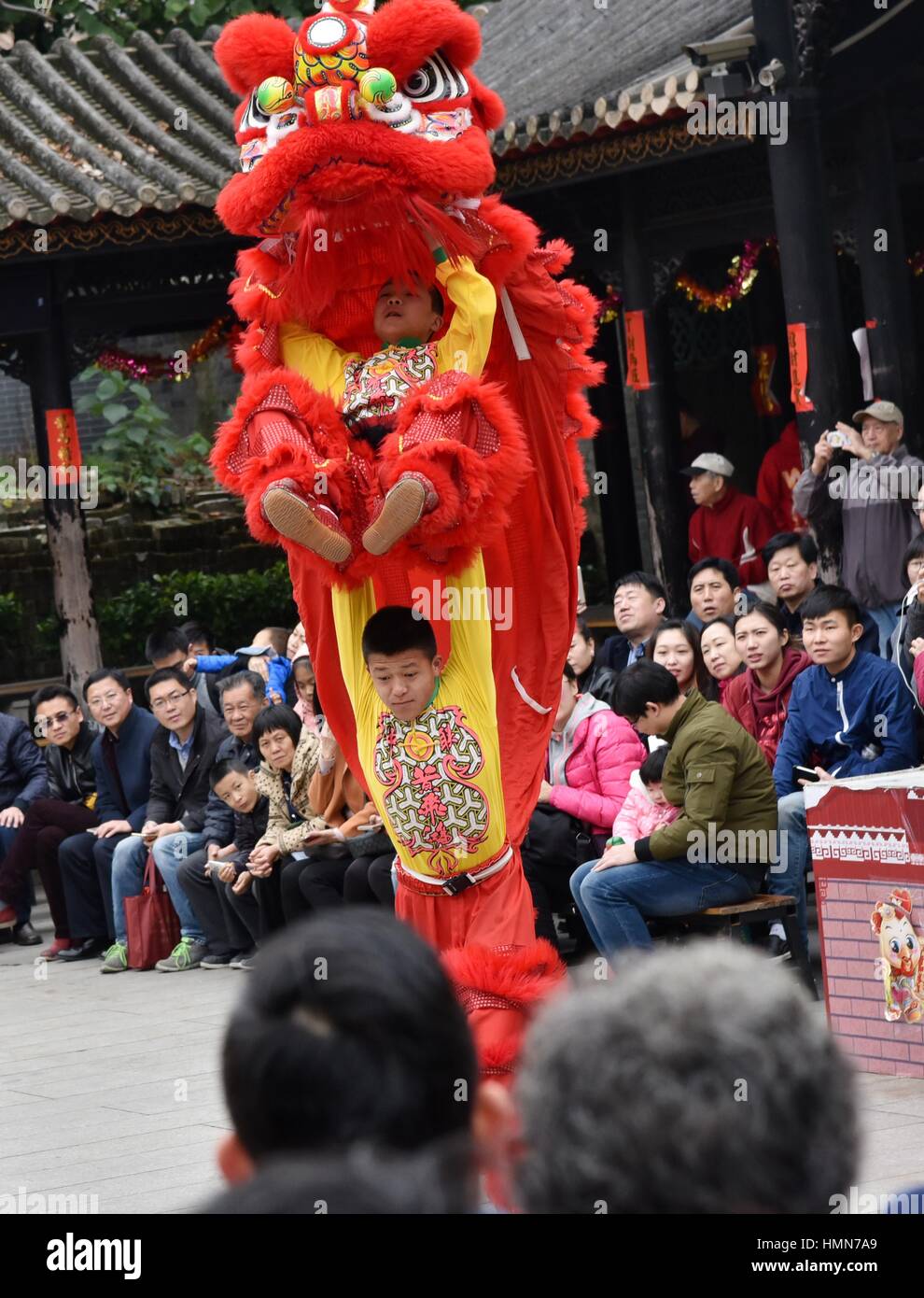 Foshan, China's Guangdong Province. 10th Feb, 2017. Tourists watch lion ...