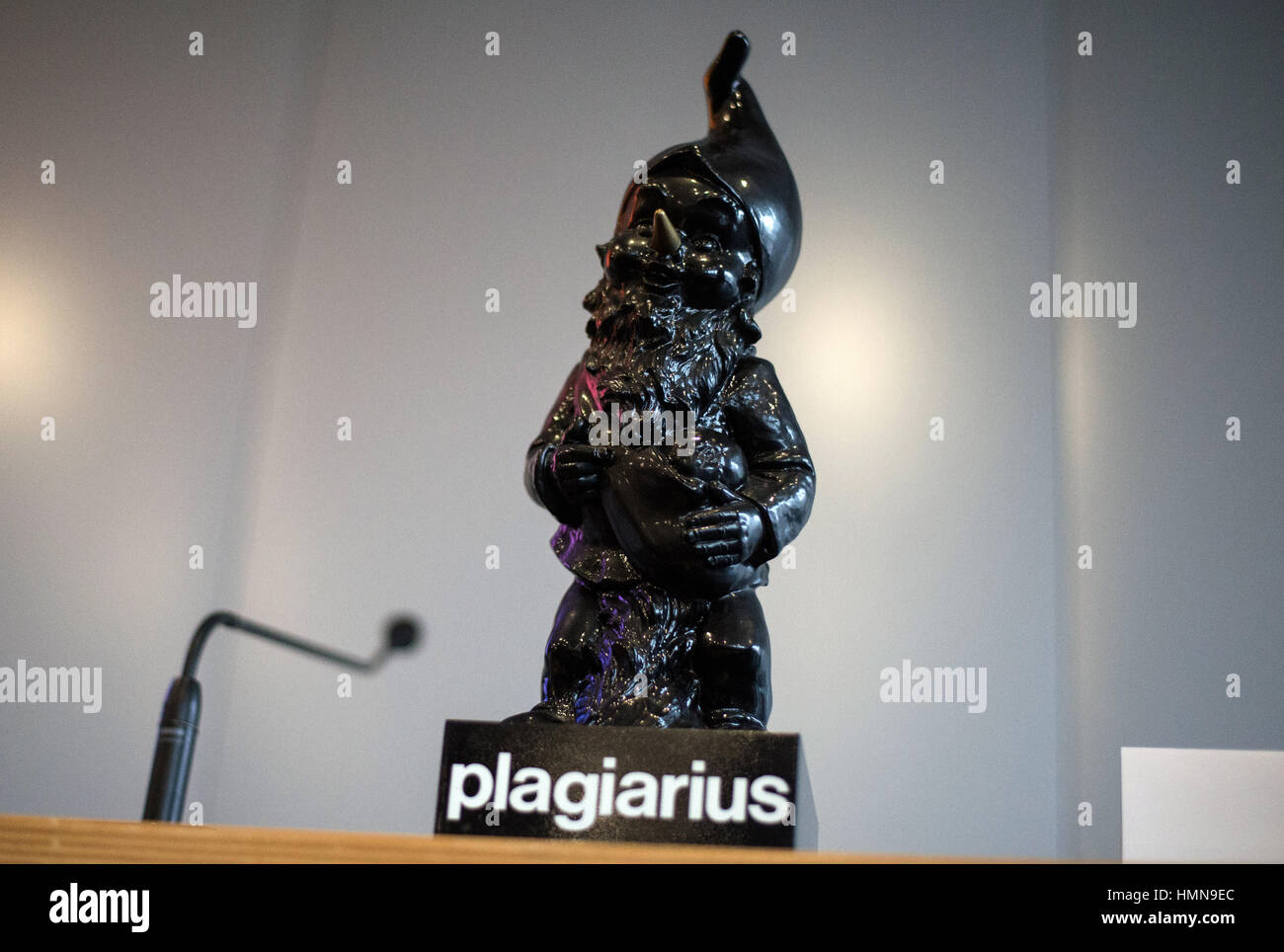 The negative award 'Plagiarius' can be seen on a speaker's desk at the ...