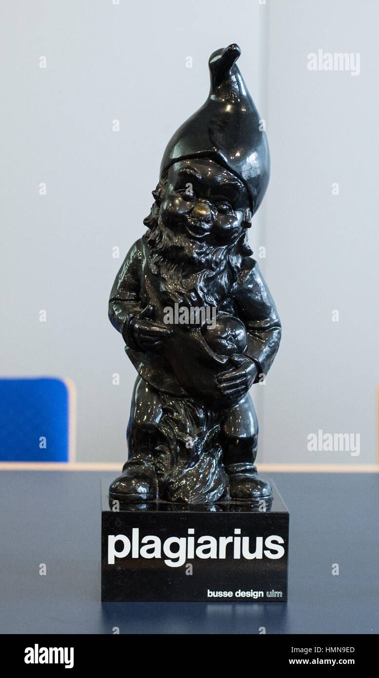 The negative award 'Plagiarius' can be seen on a speaker's desk at the ...