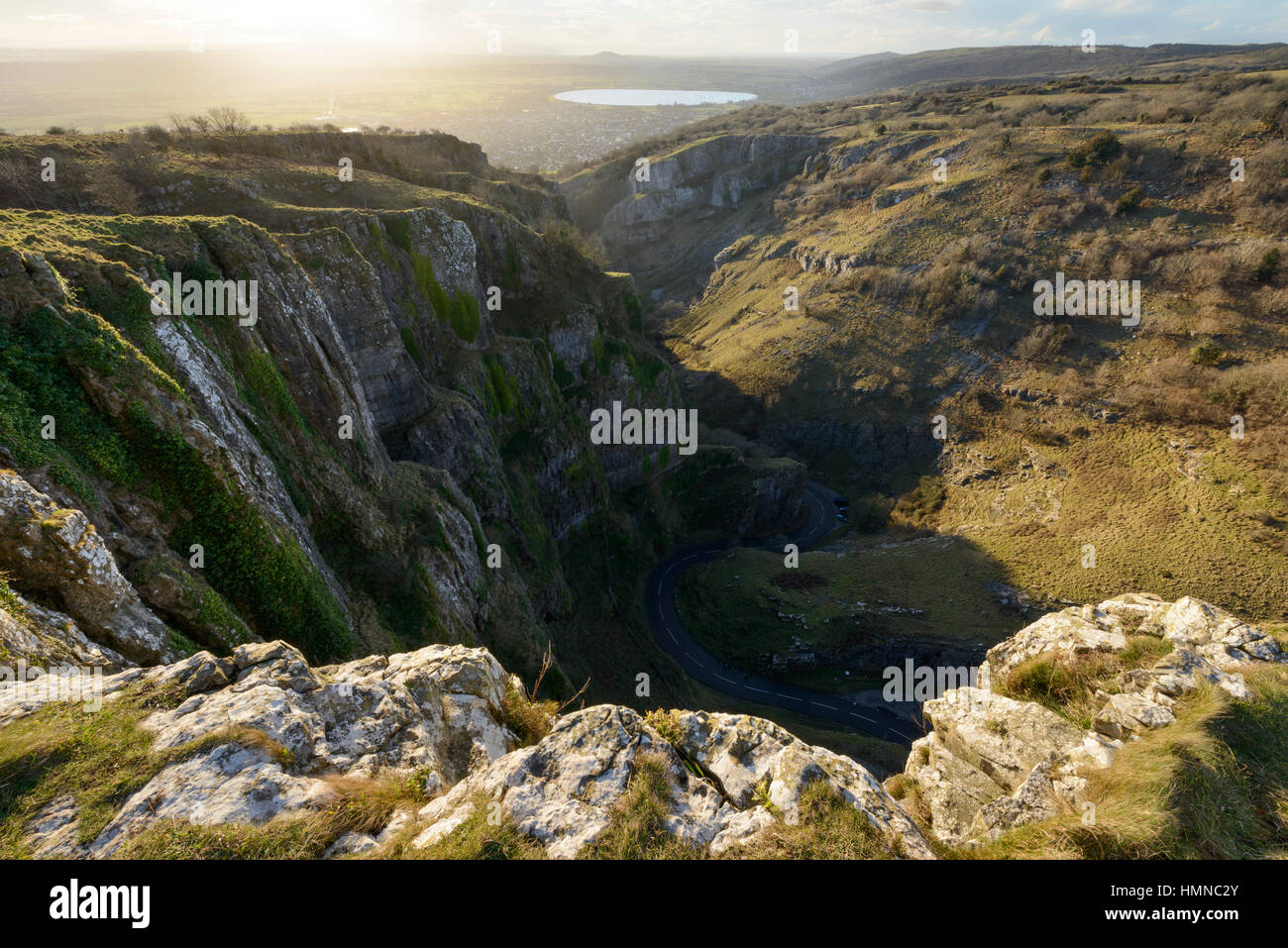 An expansive view looking down from the top of Cheddar Gorge, Somerset ...