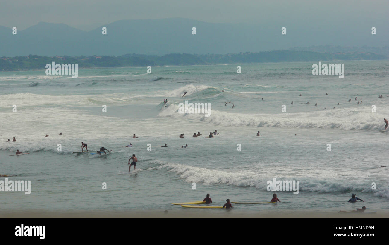 A crowded beach with many surfers catching waves Stock Photo - Alamy