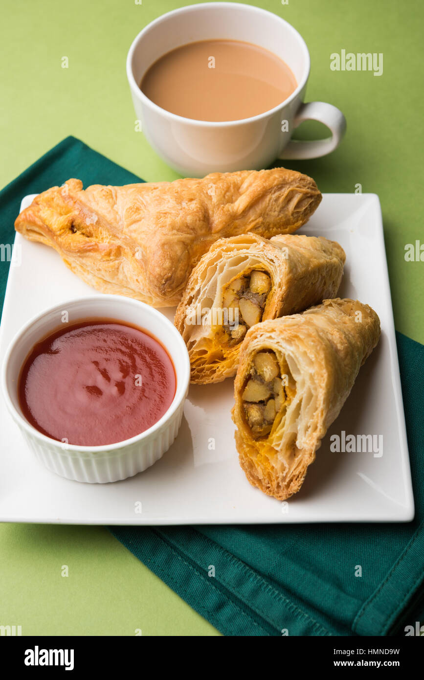 stuffed vegetable or veg puff or puf or samosa, famous indian snack ...