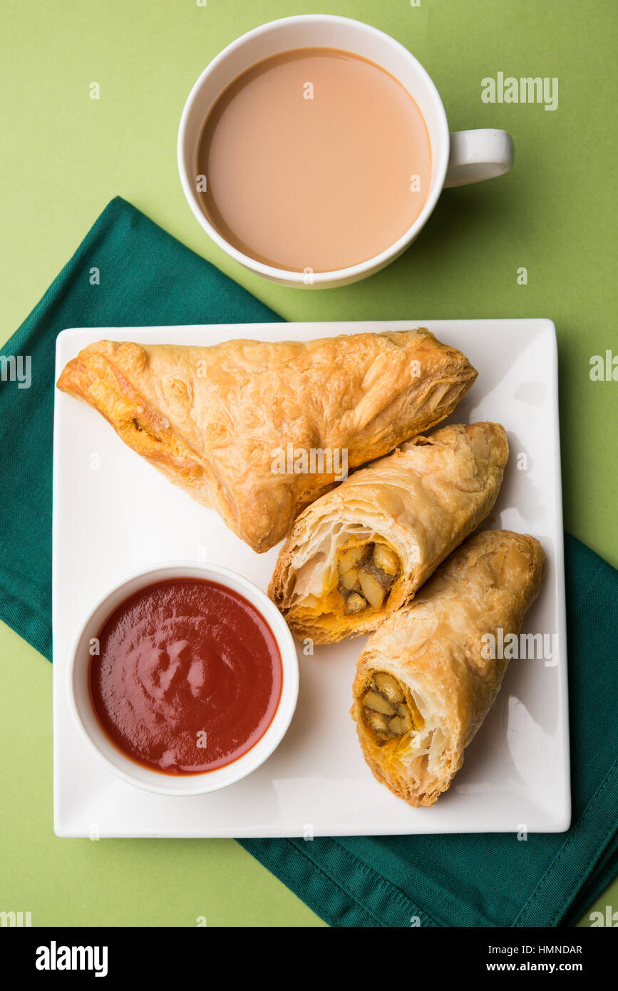 stuffed vegetable or veg puff or puf or samosa, famous indian snack ...