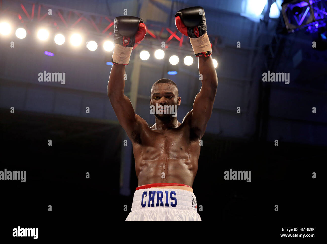 Chris Kongo celebrates victory over Edvinas Puplauskas during the ...