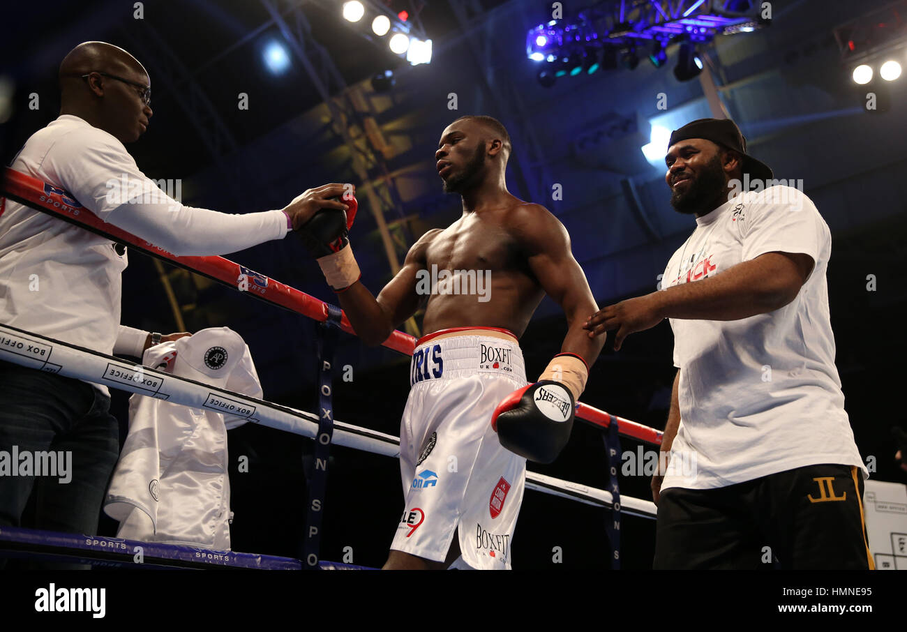 Chris Kongo celebrates victory over Edvinas Puplauskas during the ...