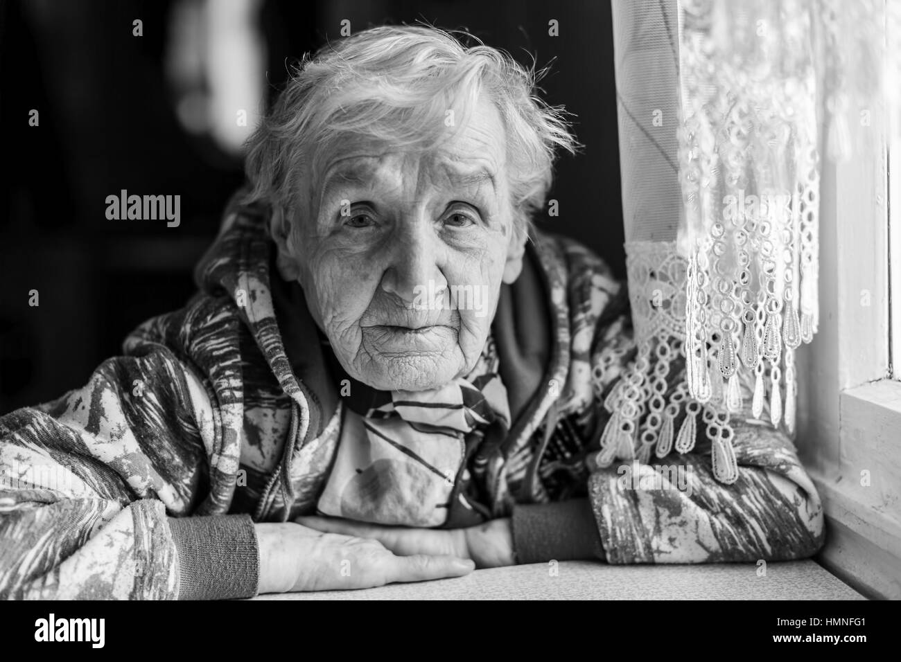 Portrait of an elderly woman. Black and white photo Stock Photo - Alamy