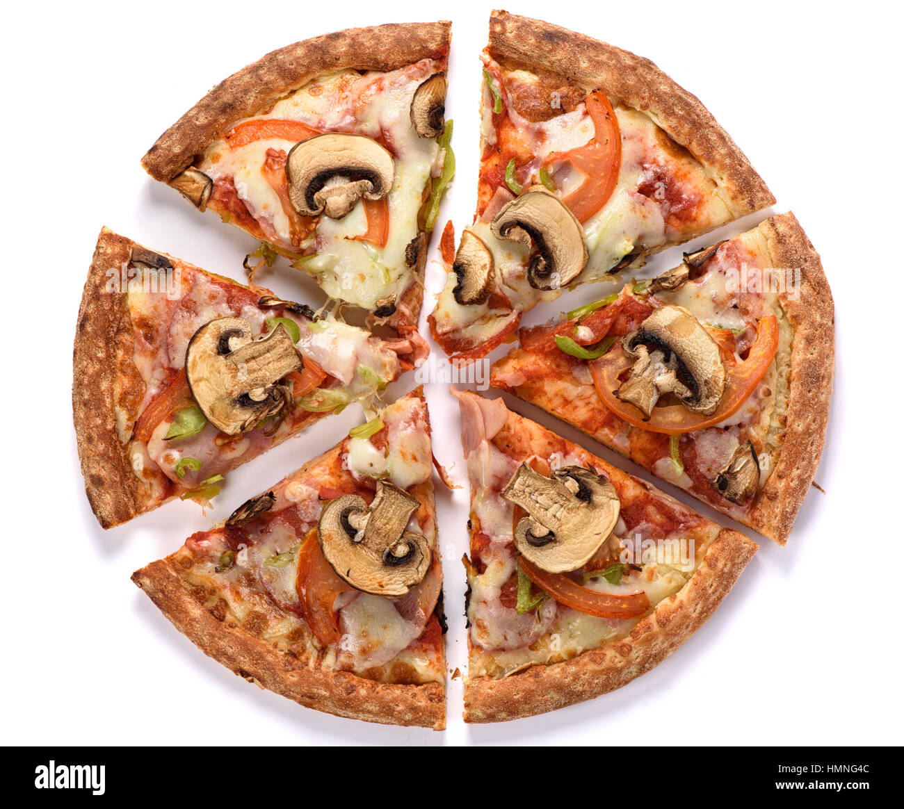 sliced pizza with mushrooms and pepperoni. Top view. Isolated on white ...