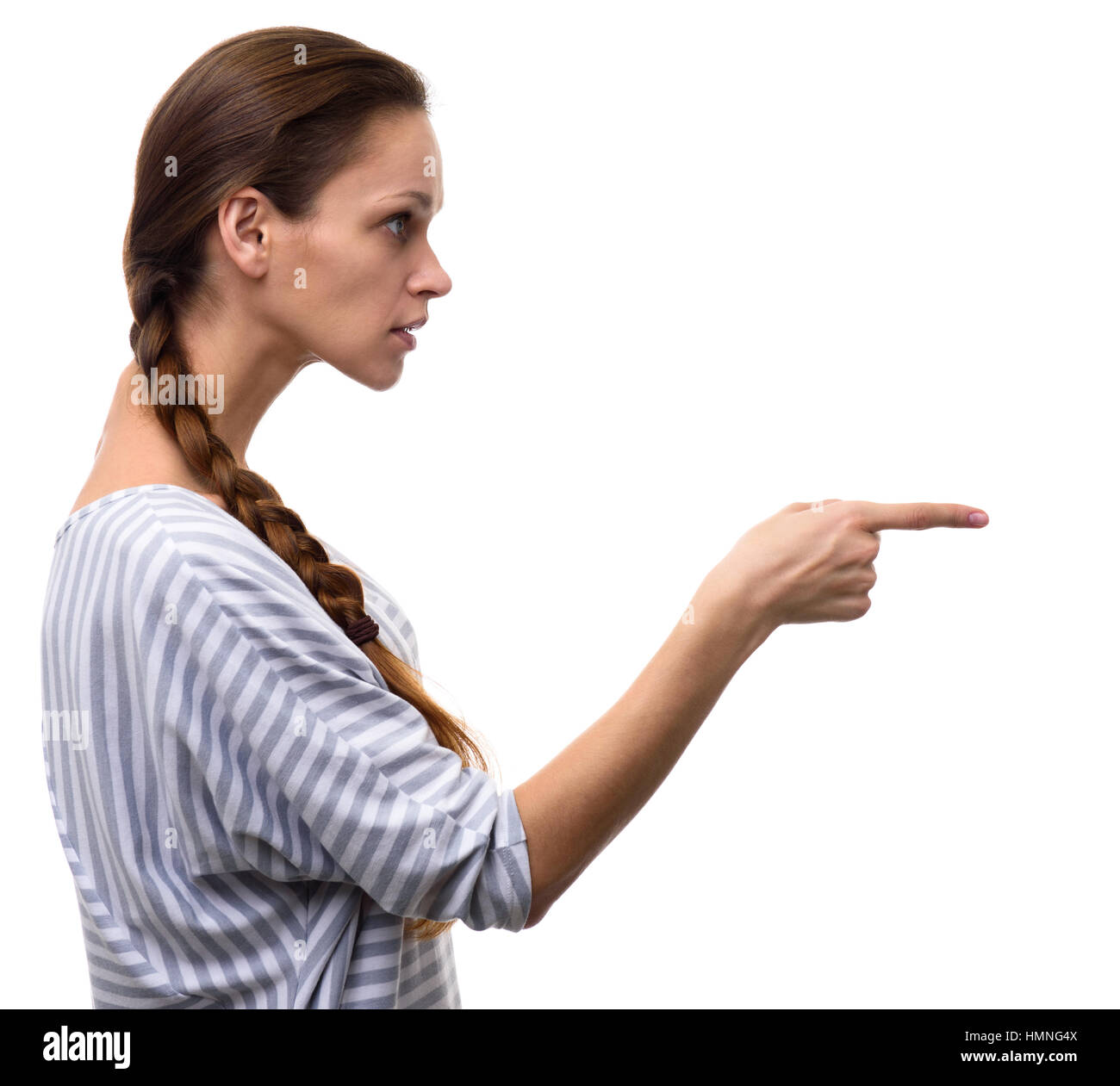 profile of woman pointing her finger in the side Stock Photo - Alamy