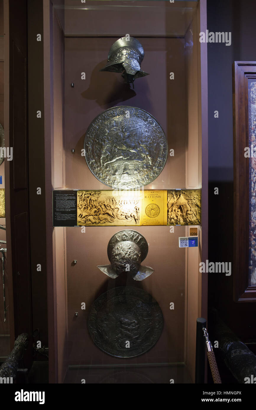 Renaissance shields and morion open helmets with crest (comb) decorated ...