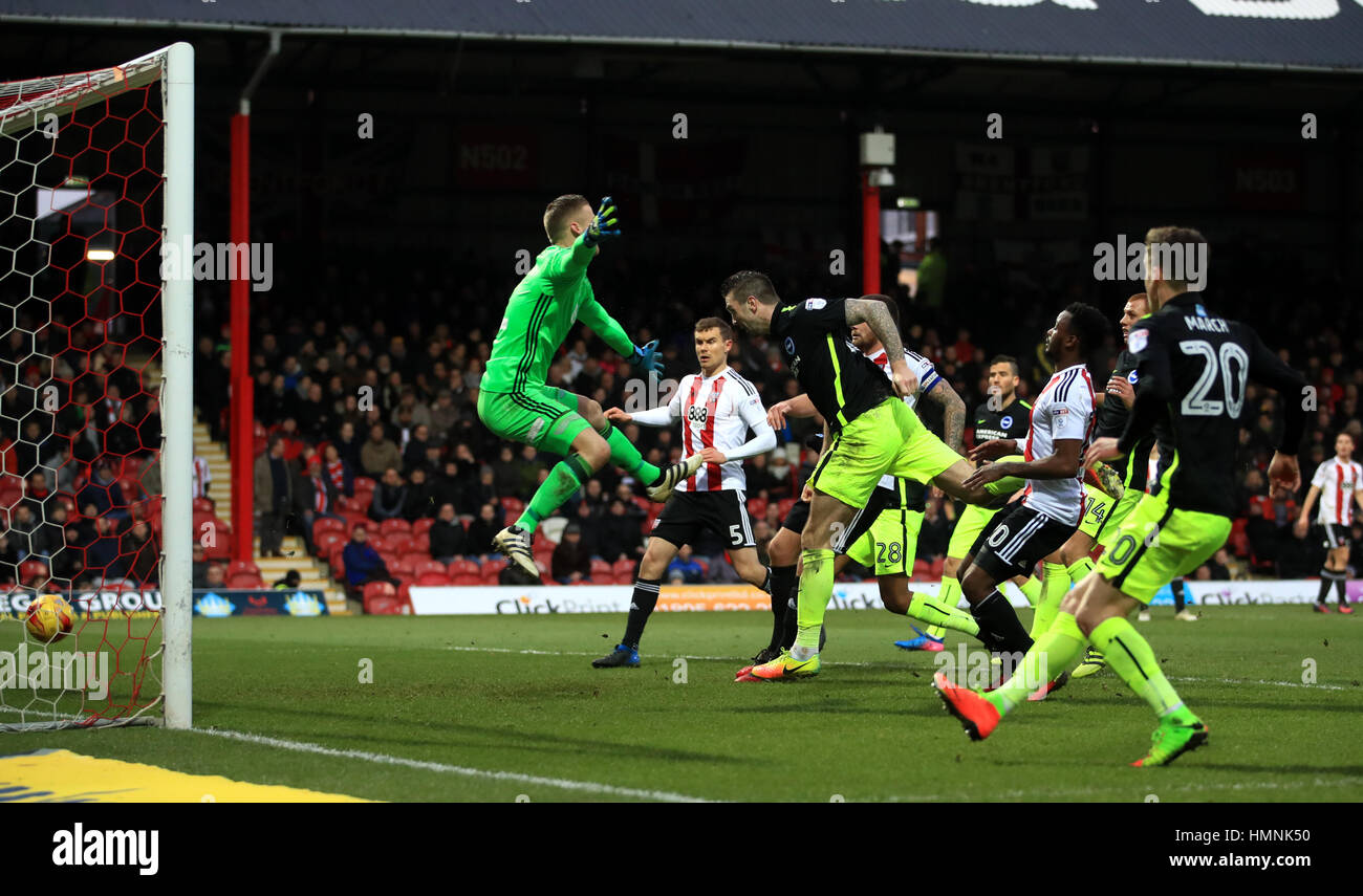 Brighton & Hove Albion's Shane Duffy scores his side's second goal of ...
