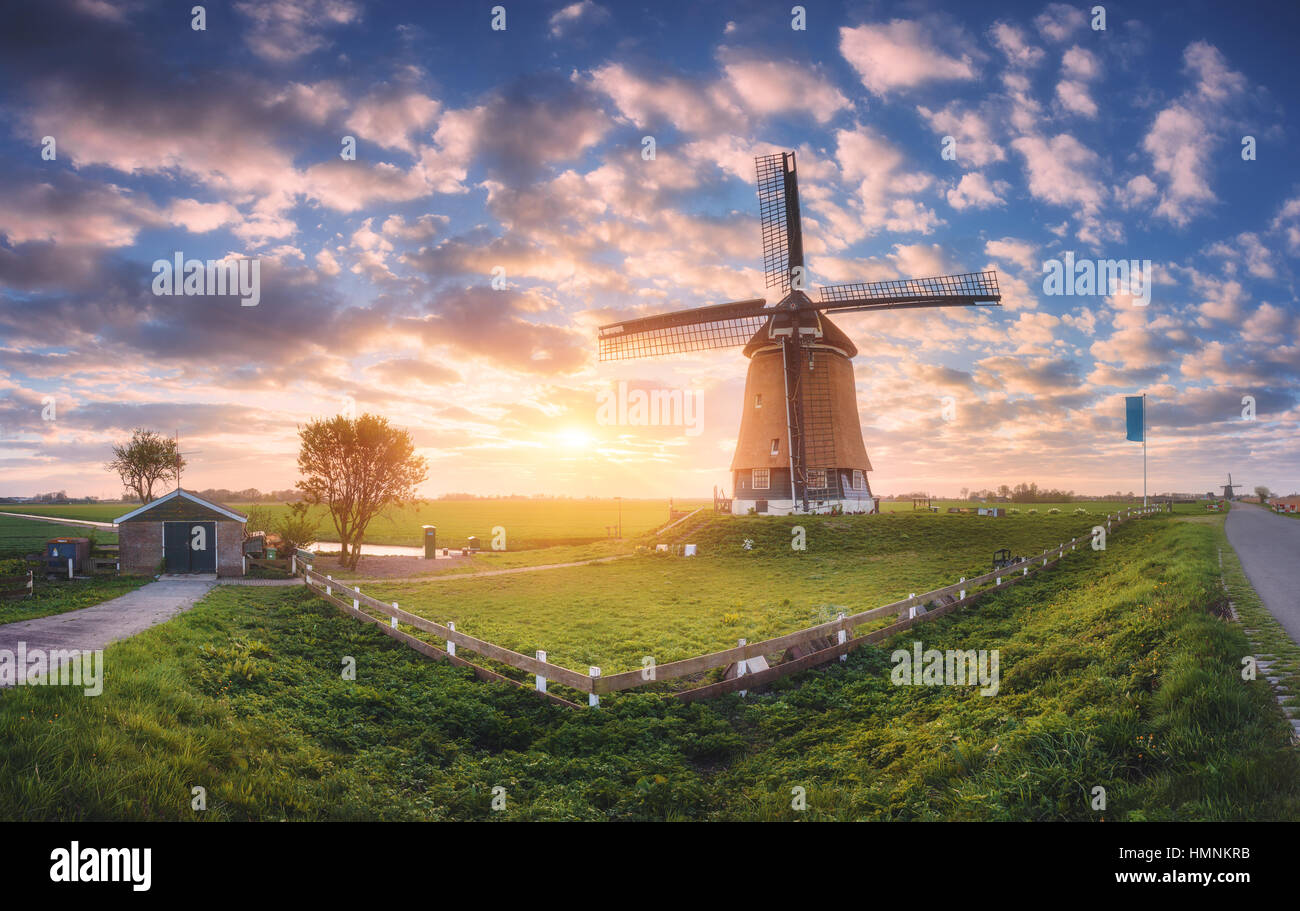 Windmill at sunrise in Netherlands. Traditional dutch windmill, green ...