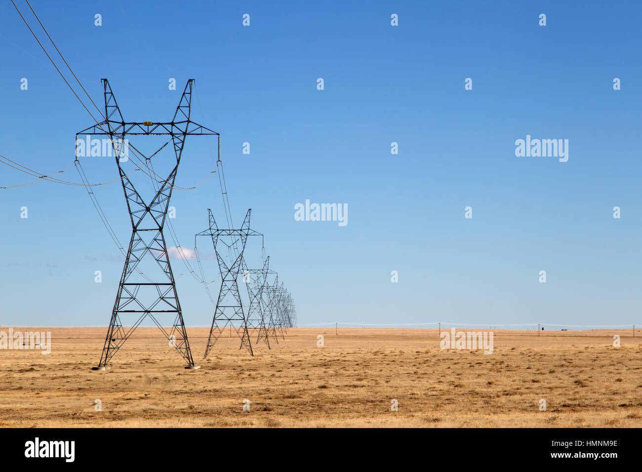 Row High Voltage Power Lines under a Blue Sky on the plains of eastern ...
