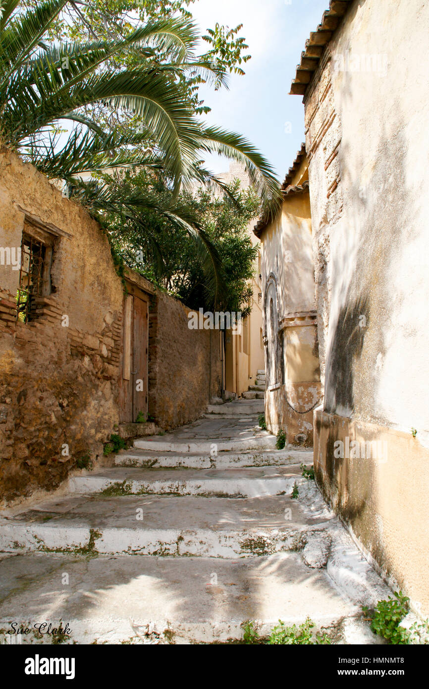 A back alley between buildings in the Agora area of Athens. Some of the ...