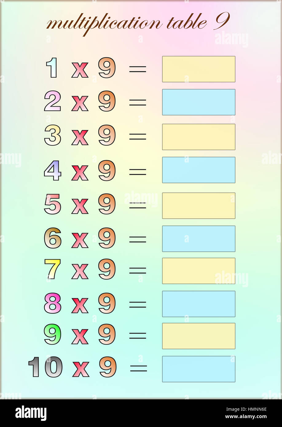 multiplication table of nine with empty space to write Stock Photo - Alamy