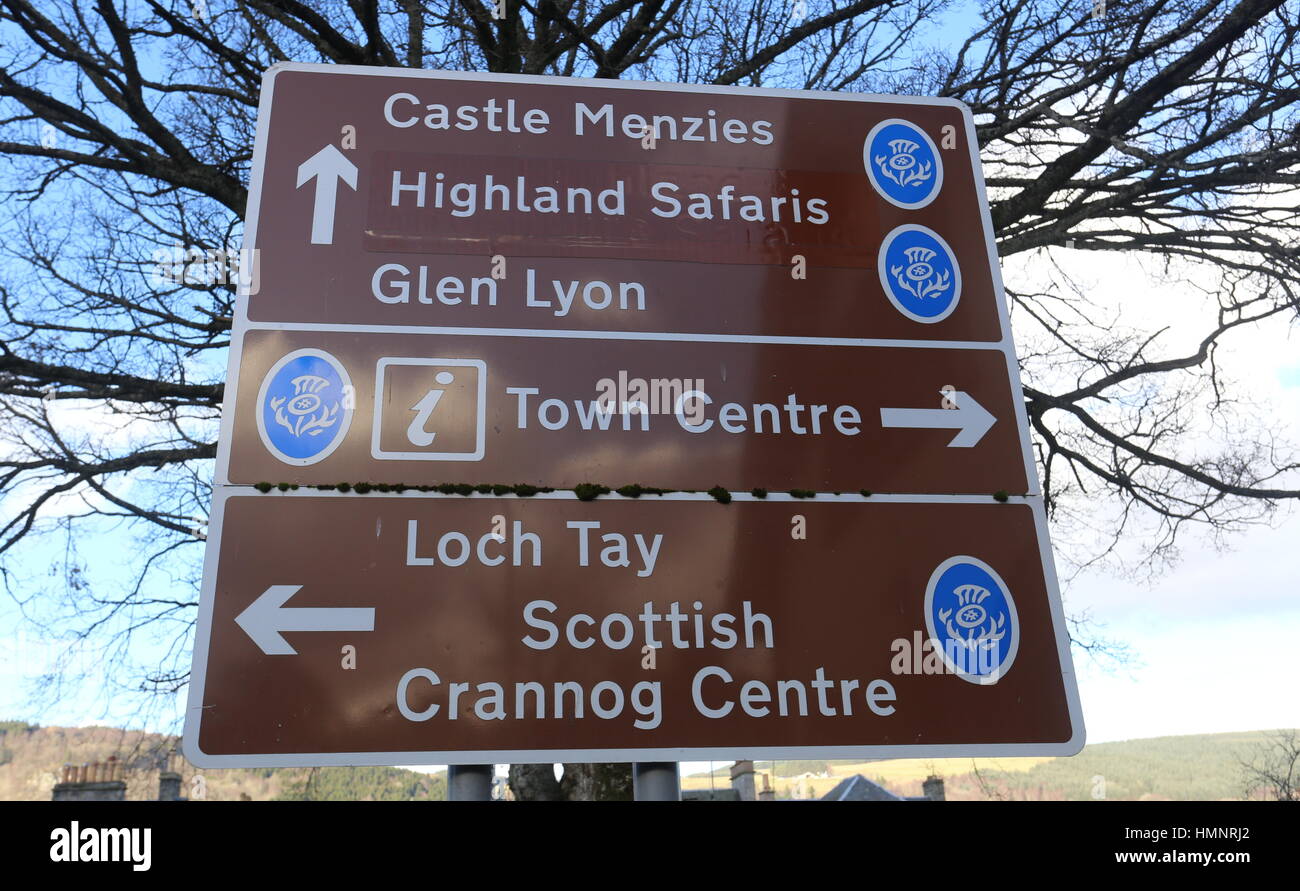 Tourism sign near Aberfeldy Perthshire Scotland February 2017 Stock ...