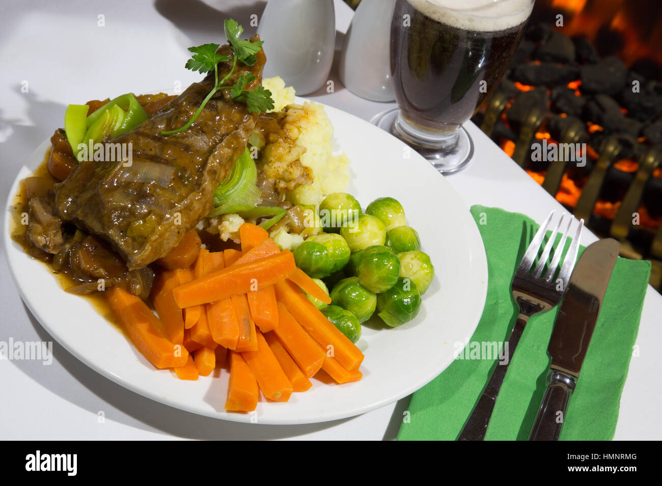 A pub/restaurant dish of Braised Beef Steak served with creamed potato ...