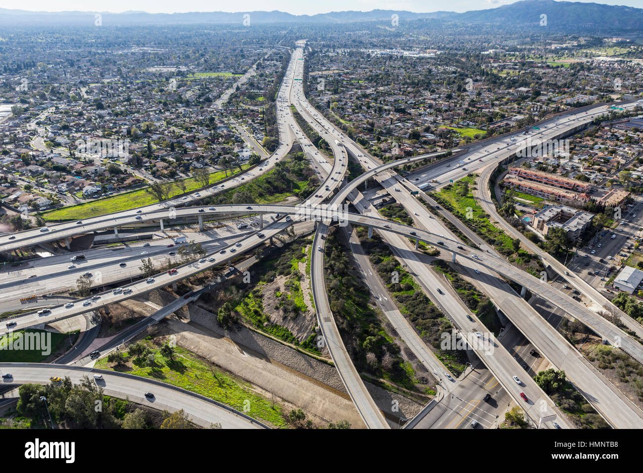 Aerial view of the Golden State 5 and Route 118 freeway interchange in ...