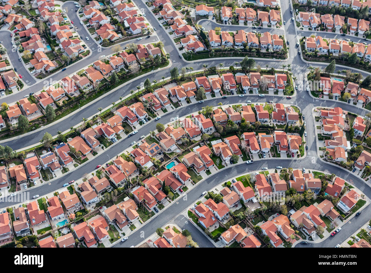 Aerial view of tightly packed homes in the Porter Ranch neighborhood of ...