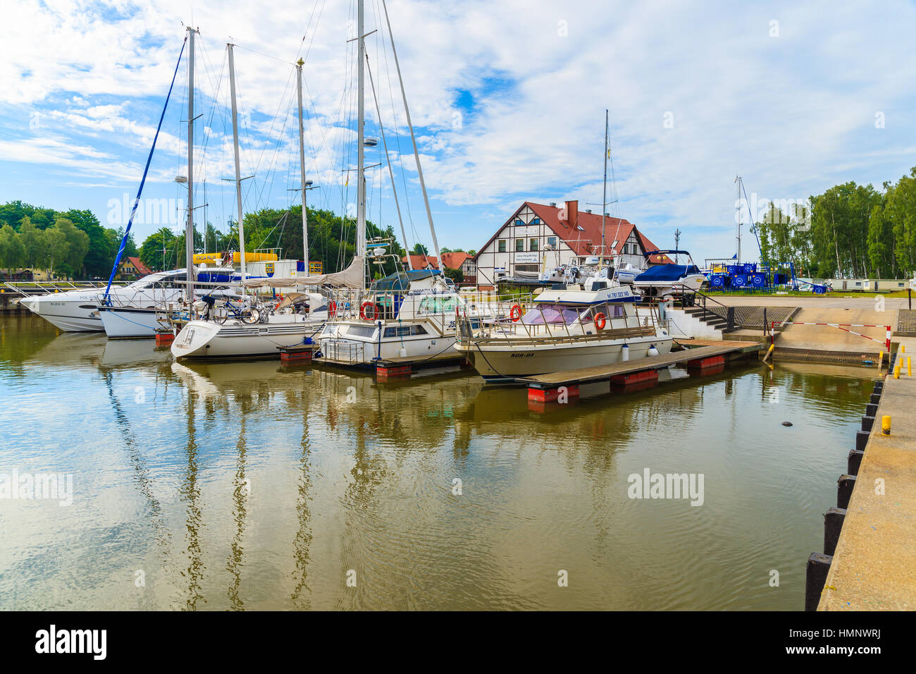 LEBA PORT, POLAND - JUN 21, 2016: sailing boats mooring in small Leba ...