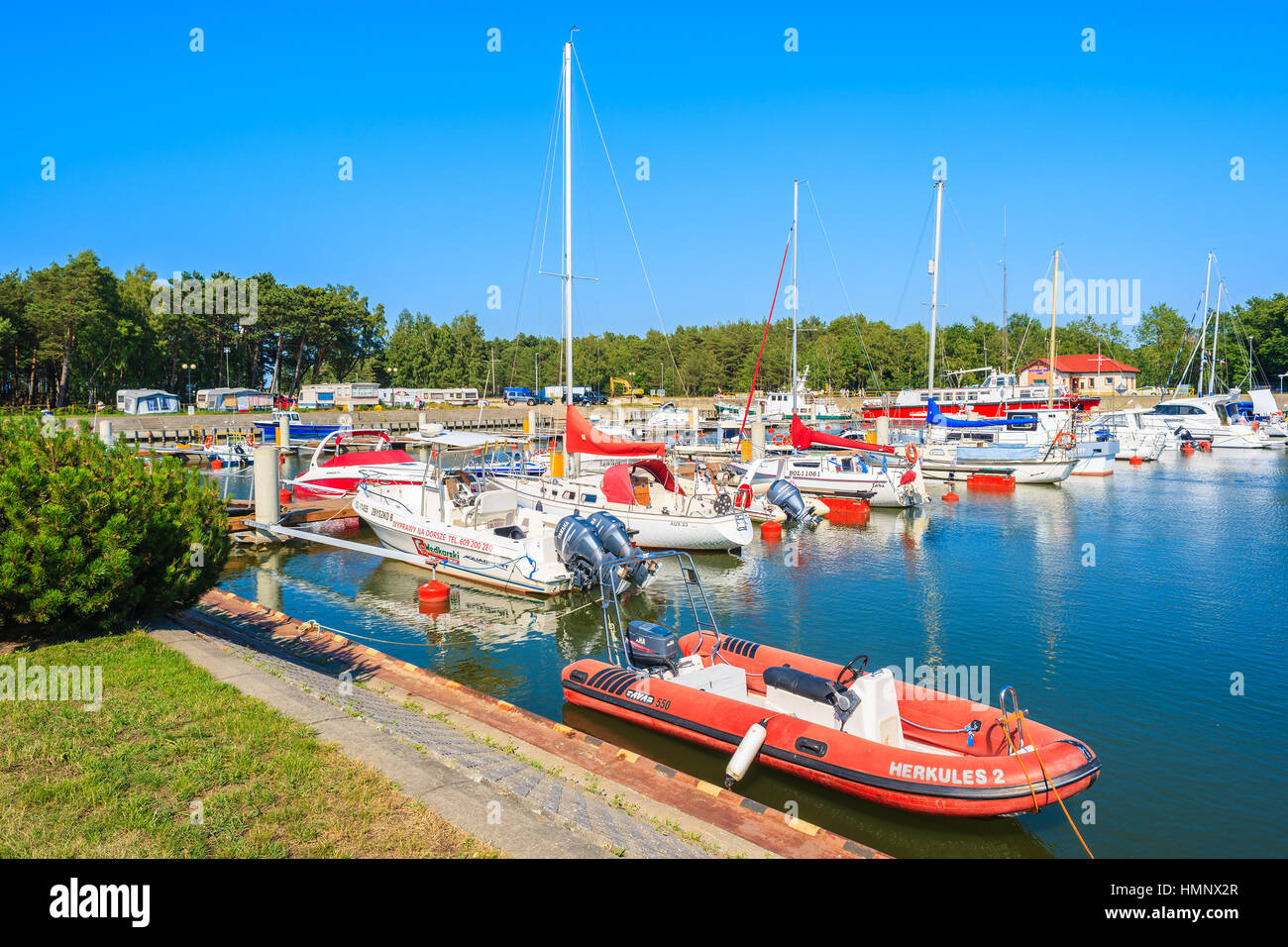 LEBA PORT, POLAND - JUN 21, 2016: sailing boats mooring in small Leba ...