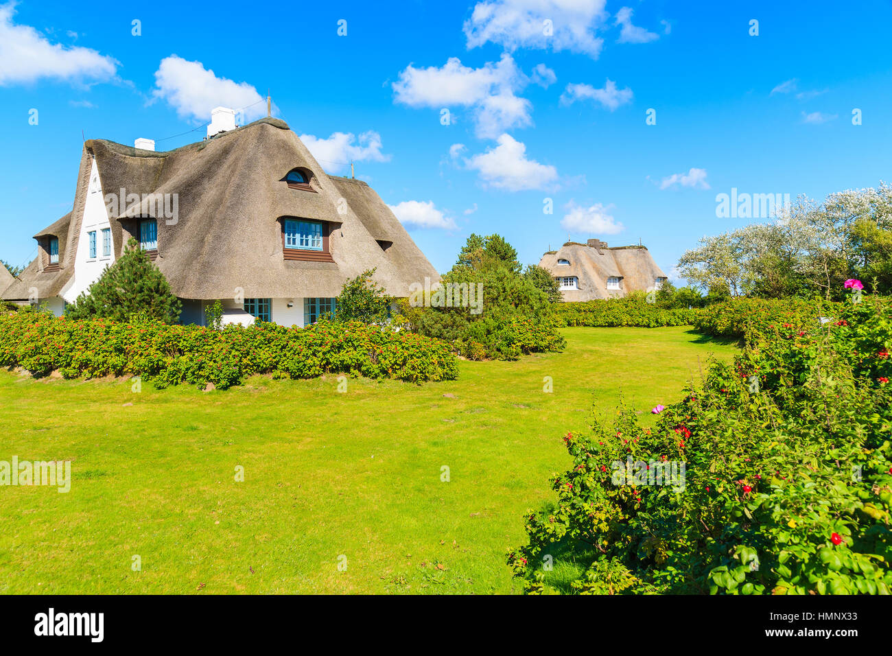 Typical Frisian houses with straw roof in Keitum village on Sylt island ...