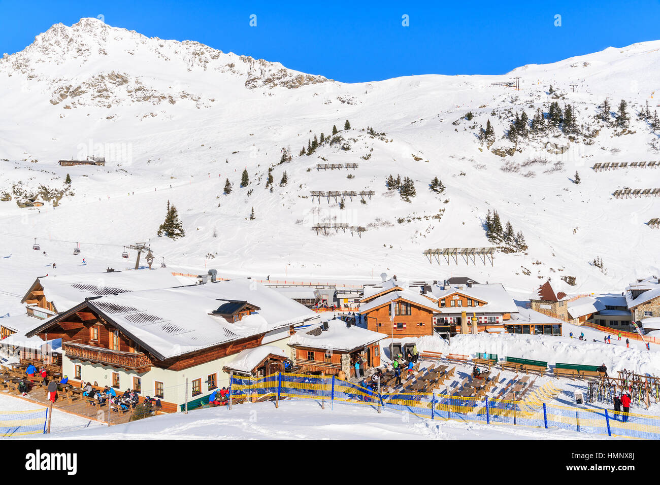 View of mountain hut restaurants in Obertauern ski area, Austria Stock ...