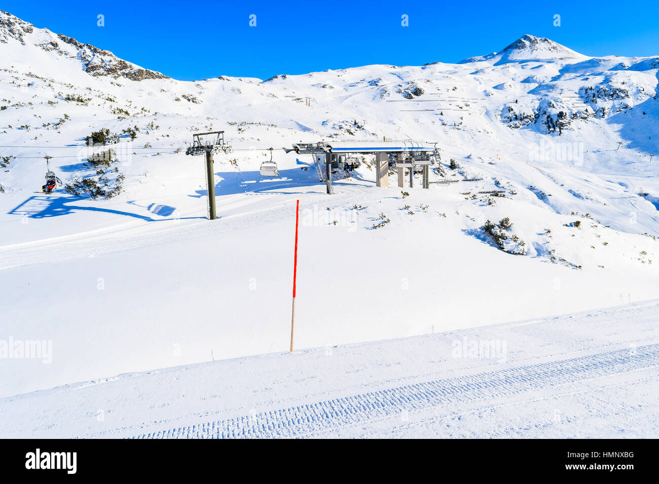 View of ski lift station and slopes in Obertauern resort, Austria Stock ...
