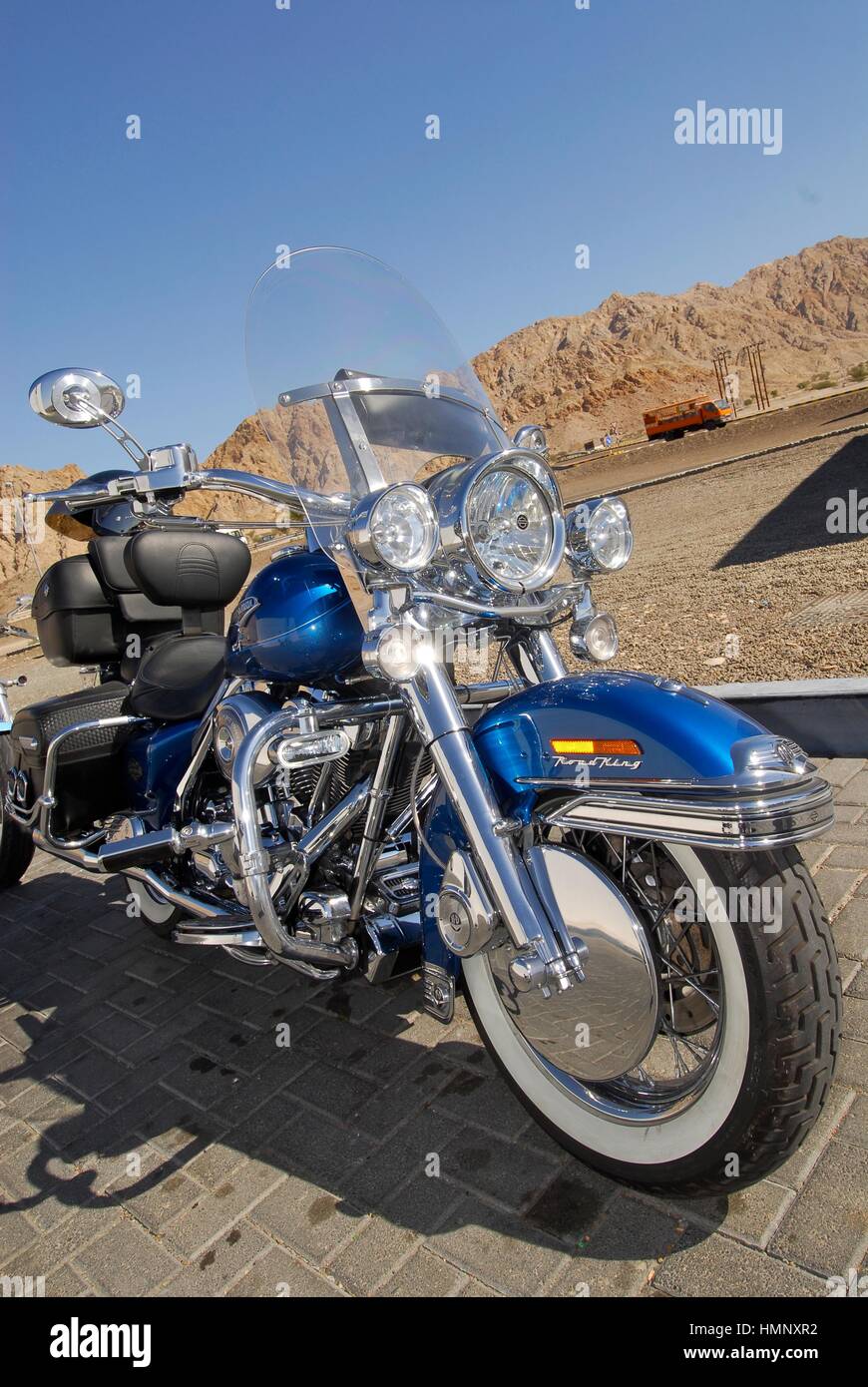 Harley Davidson motorcycle in the Hajar Mountains in Oman Stock Photo ...