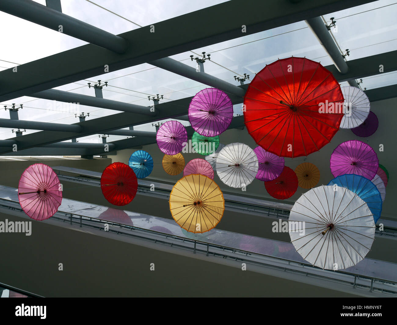 Colored parasols suspended from the ceiling of a mall in the Flushing ...