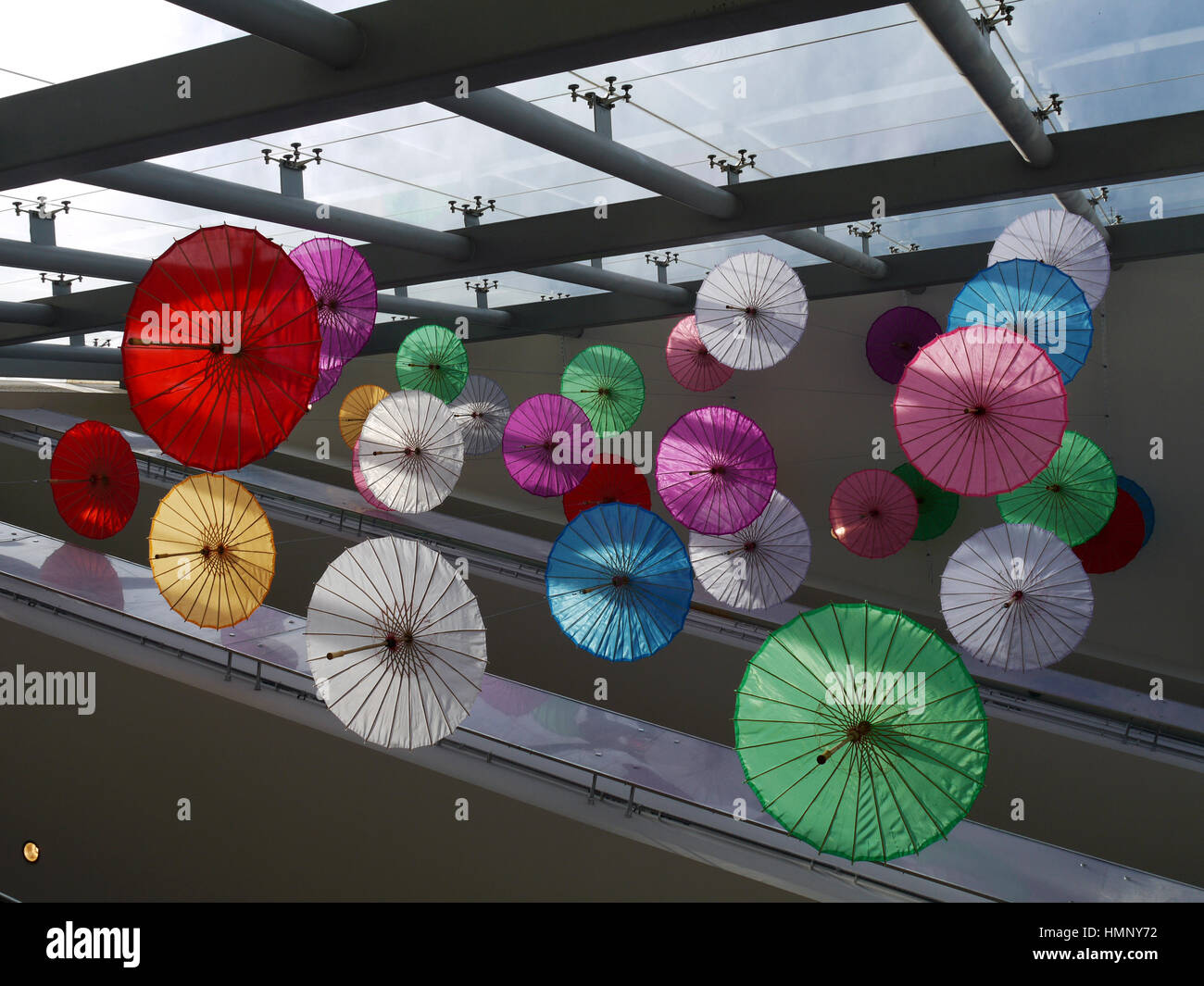 Colored parasols suspended from the ceiling of a mall in the Flushing ...