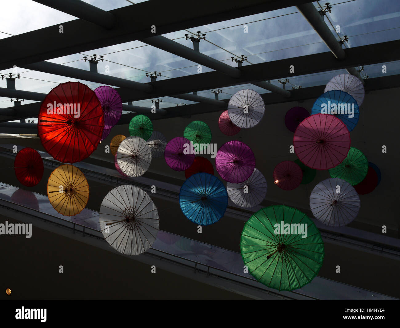 Colored parasols suspended from the ceiling of a mall in the Flushing ...