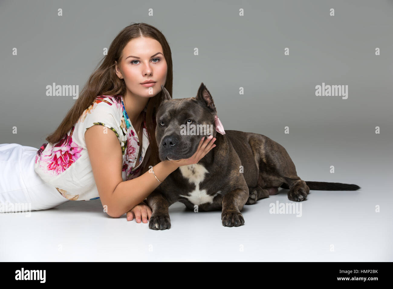 Beautiful girl with grey stafford terrier Stock Photo - Alamy