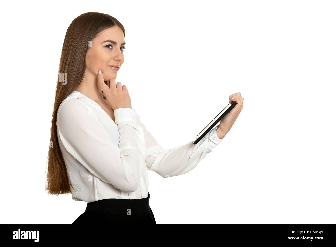 Happy adult woman pc Cut Out Stock Images & Pictures - Alamy