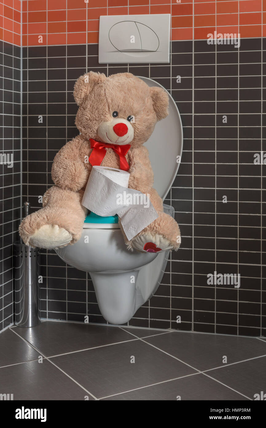 Toy teddy bear sitting on WC toilet bowl in bathroom, holding a roll of ...