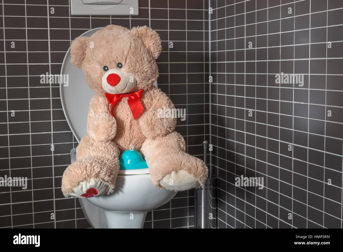 Toy teddy bear sitting on WC toilet bowl in bathroom, early childhood ...