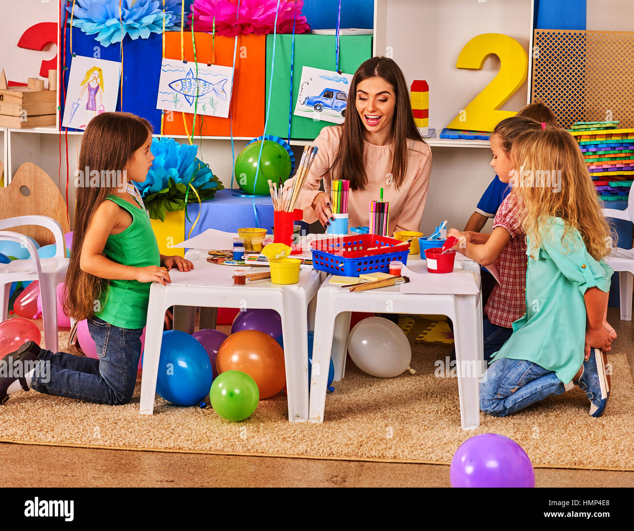Children painting and drawing. Art lesson in primary school Stock Photo ...
