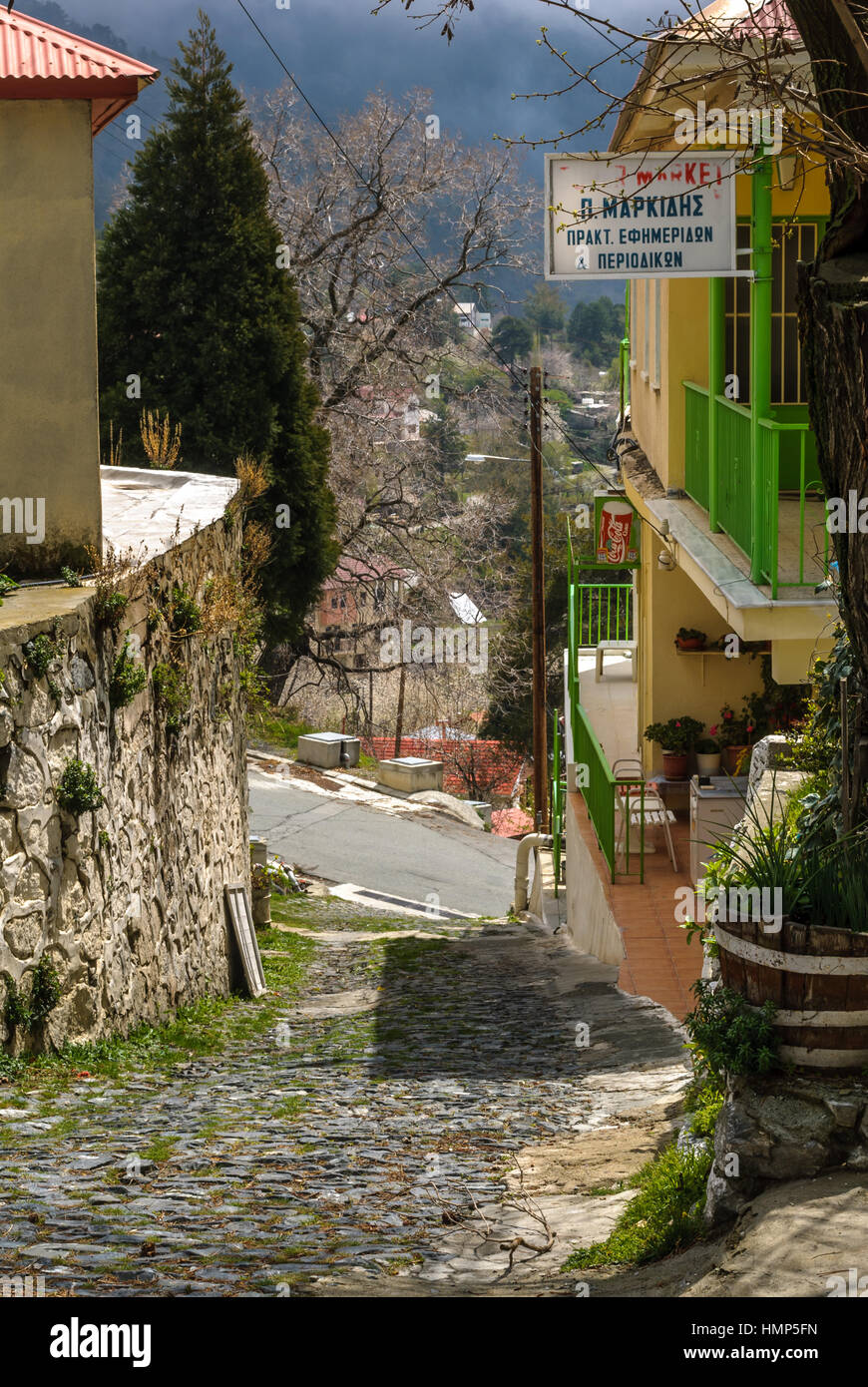 Romantic alley with flowers, mountain village of Troodos Mountains ...