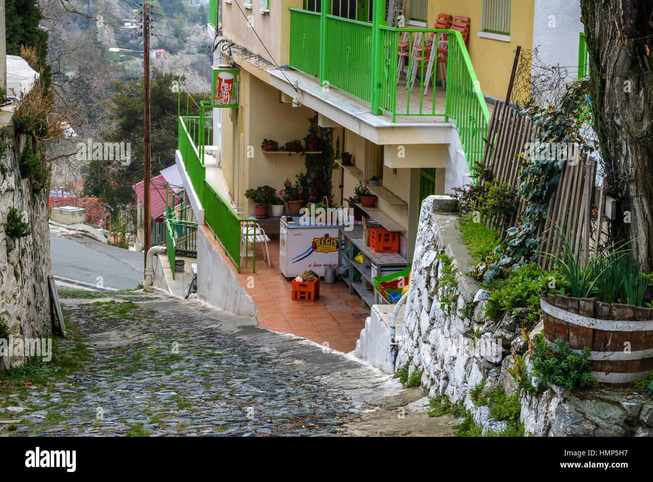Romantic alley with flowers, mountain village of Troodos Mountains ...
