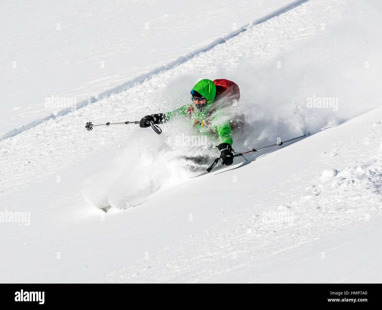 Female back country skier in fresh powder; Esplanade Range; Selkirk ...