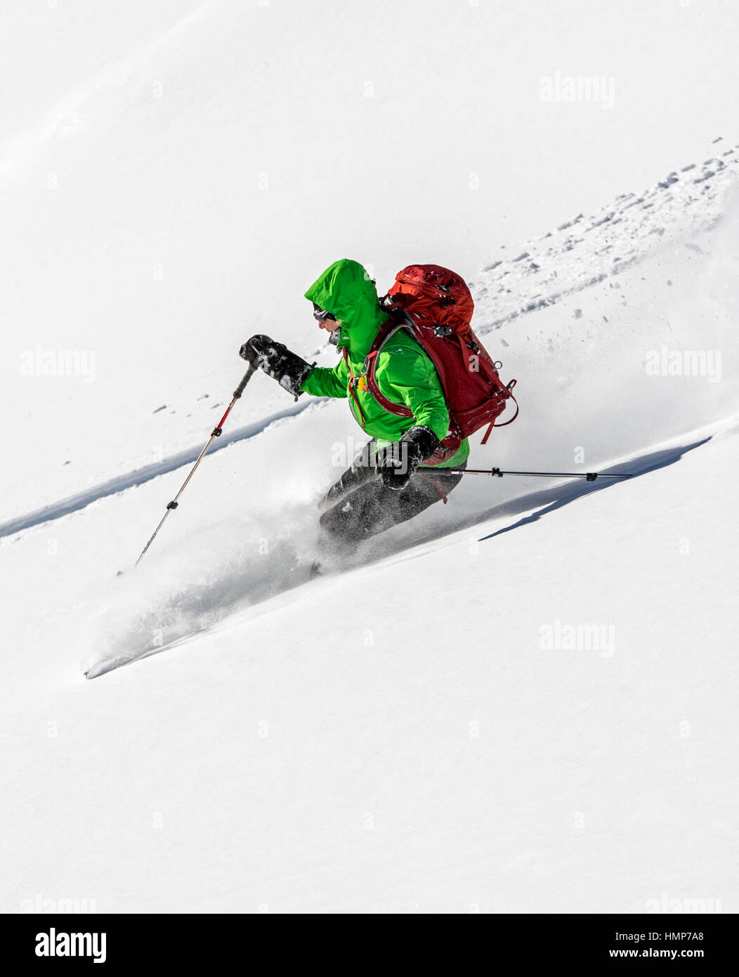 Female back country skier in fresh powder; Esplanade Range; Selkirk ...