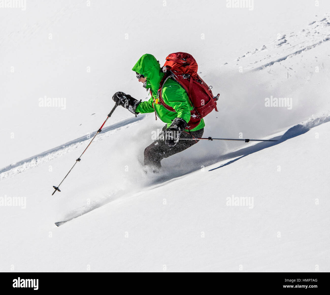 Female back country skier in fresh powder; Esplanade Range; Selkirk ...