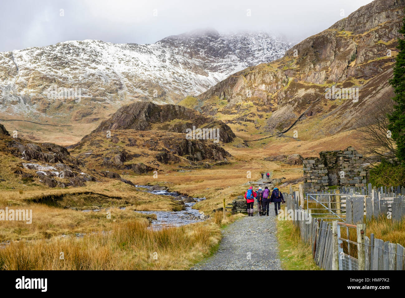 Hikers on Watkin Path route to Snowdon in low cloud in winter. Cwm LLan ...