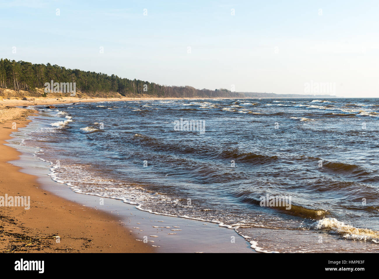 Shoreline of Baltic sea beach with rocks and sand dunes under clouds ...