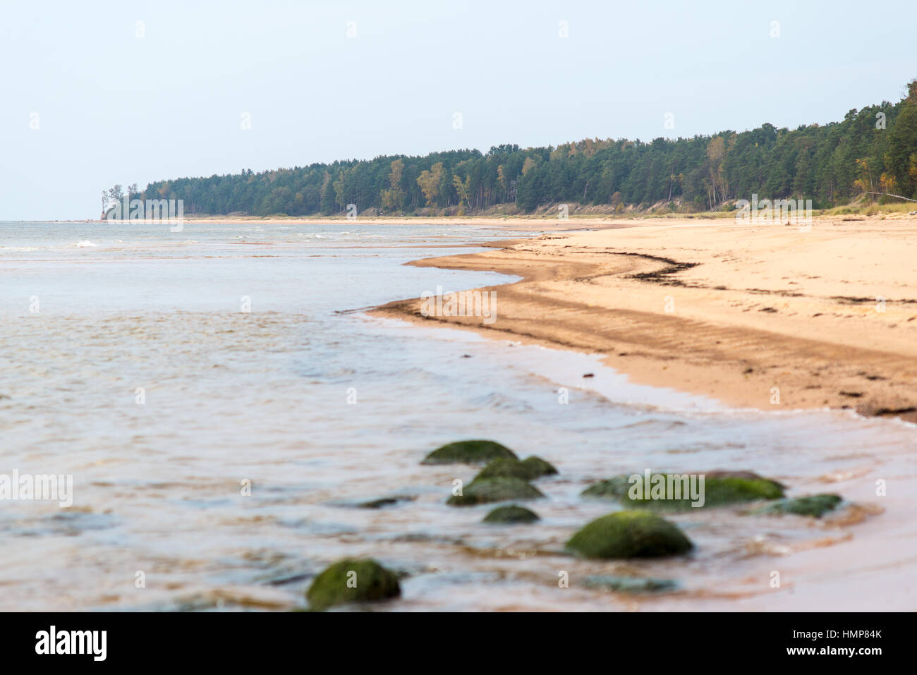 Shoreline of Baltic sea beach with rocks and sand dunes under clouds ...