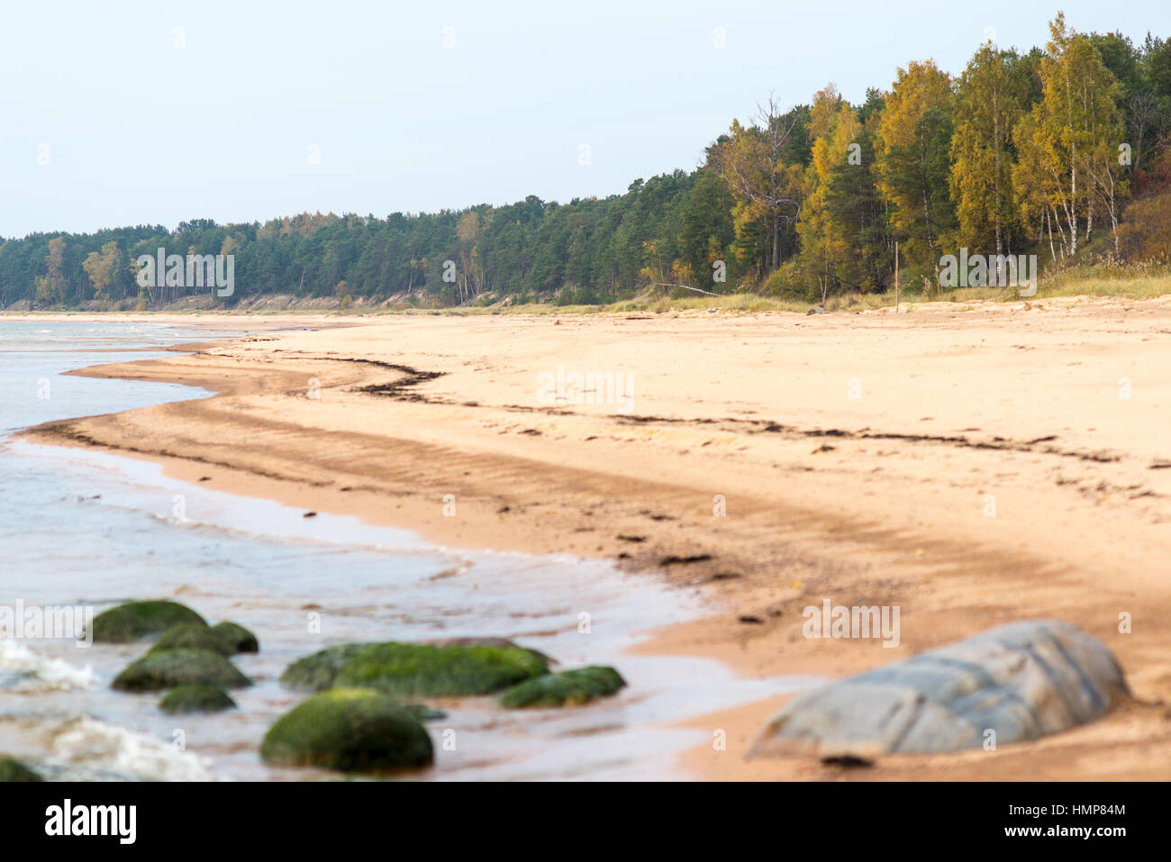 Shoreline of Baltic sea beach with rocks and sand dunes under clouds ...