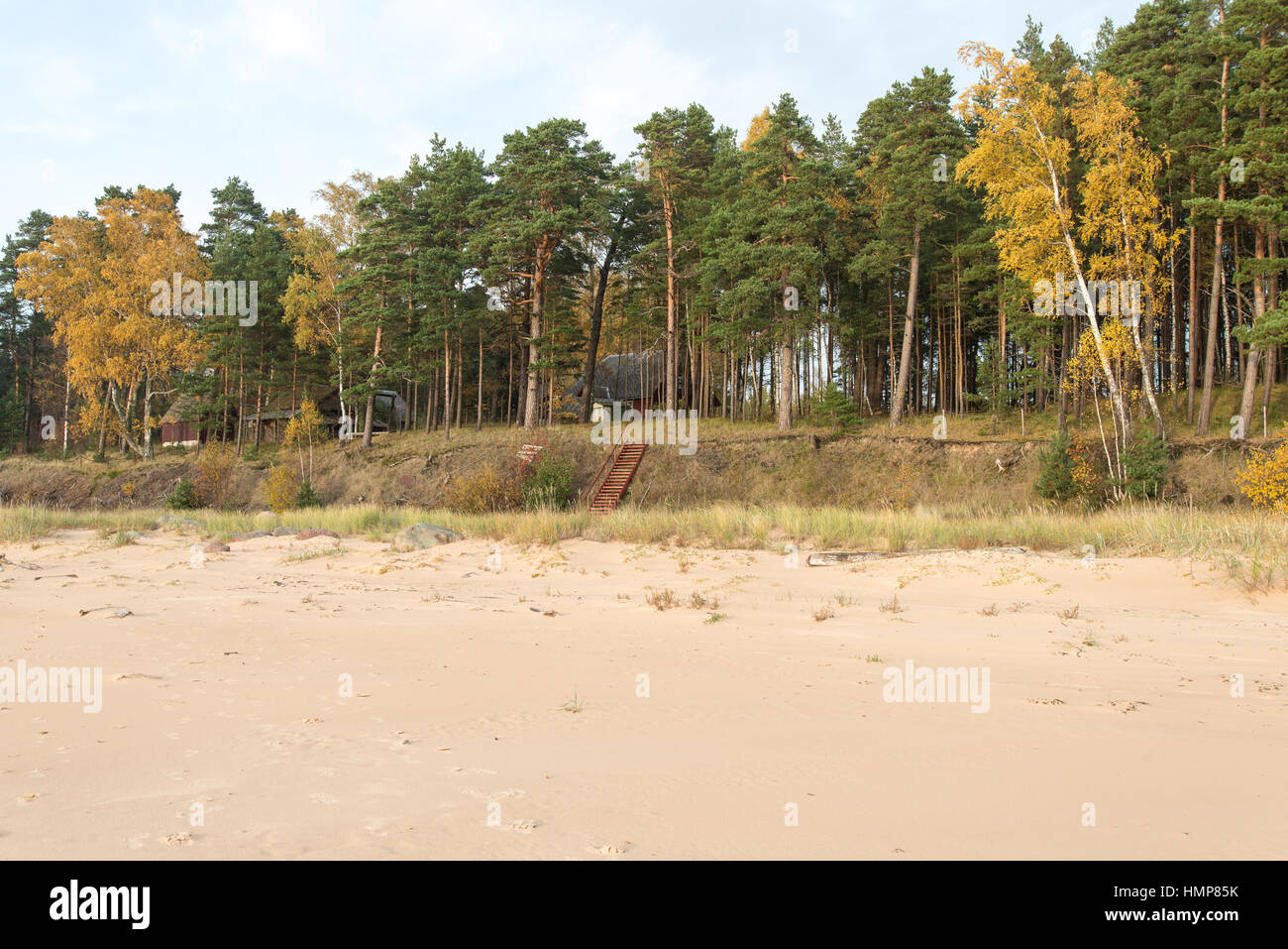 Shoreline of Baltic sea beach with rocks and sand dunes under clouds ...